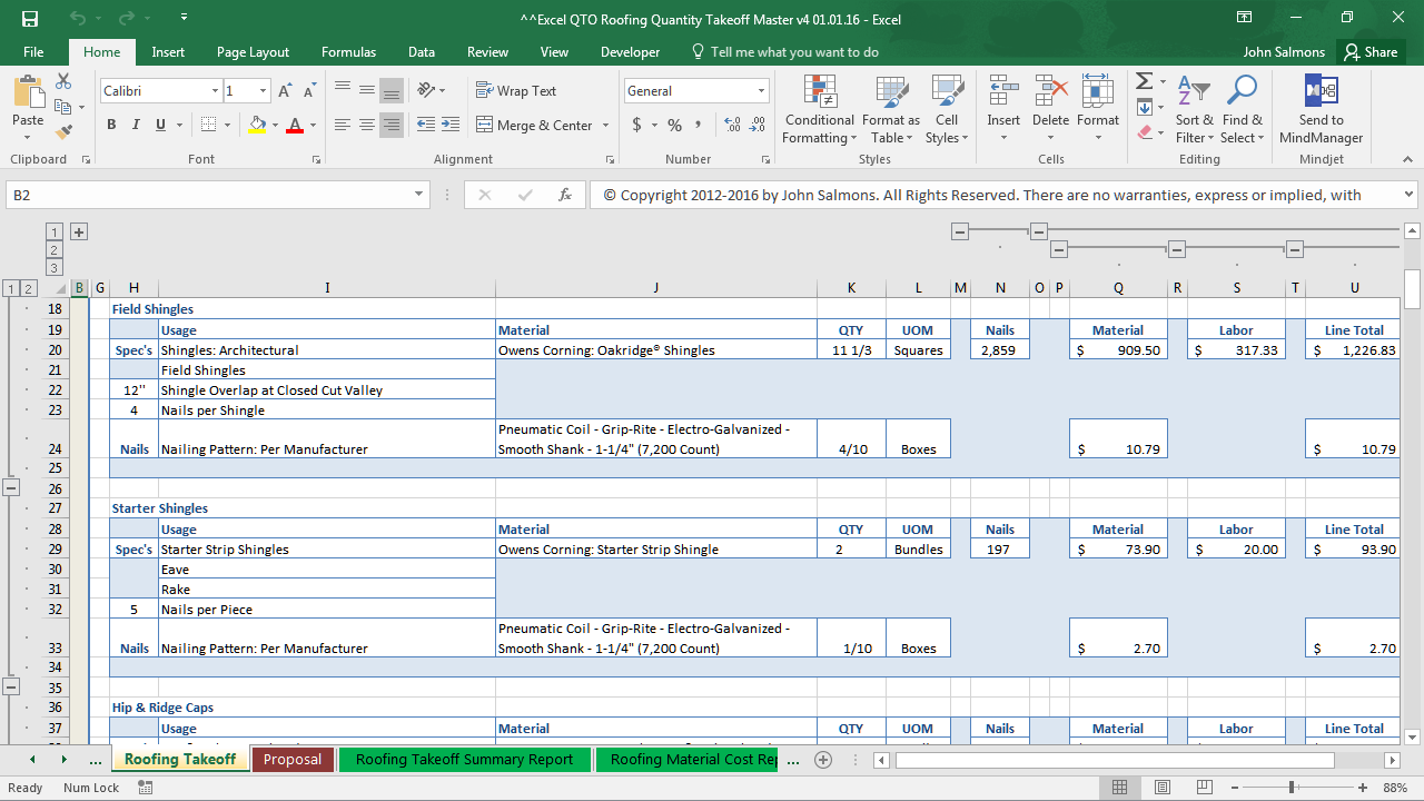 Excel QTO Roofing Quantity Takeoff & Pricing Database